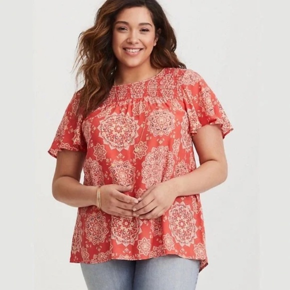 torrid | Tops | Torrid Red Multi Medallion Printed Smocked Neck Short ...